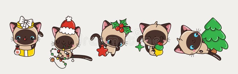 Set of Vector Christmas Siamese Cat Illustrations. Collection of Kawaii ... Set of Vector Christmas Siamese Cat Illustrations. Collection of Kawaii ...