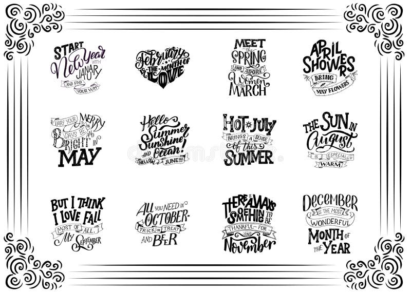 Set of Compositions for Every Months, Calendar Template. Hand Drawn ...