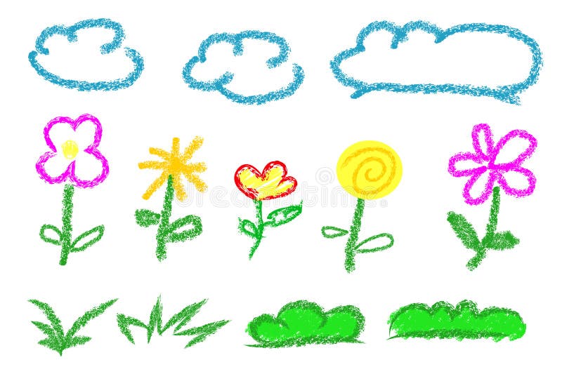 Set Vector Crayon Effect Cloud, Flower and Grass, Colorful, Isolated on ...