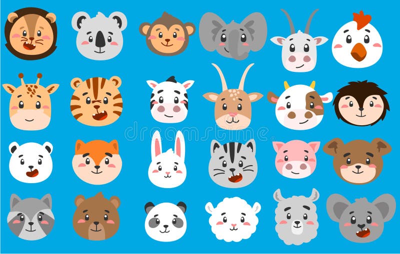 Set of Vector Cute Animal Faces in Simple Style, Vector Stock Vector ...