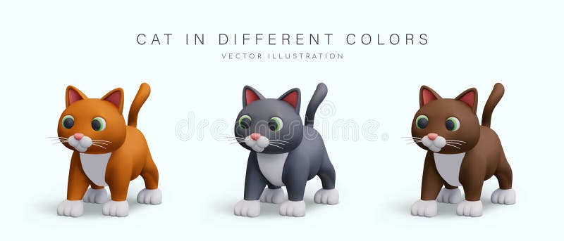 Set of Vector 3D Cats of Different Colors. Realistic Pets in Cute Style ...