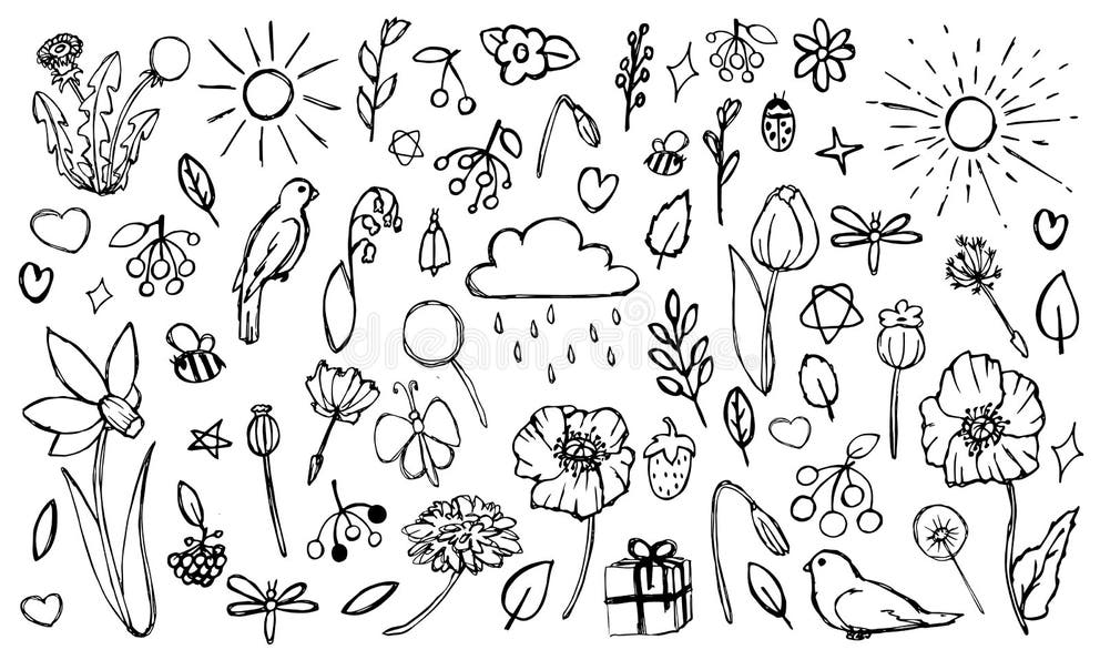 Set of Vector Doodle Illustrations of Spring Objects Isolated on White ...
