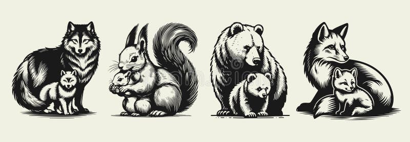 Set of Vector Drawings of Animals with Their Cubs, Wolf, Squirrel, Bear ...