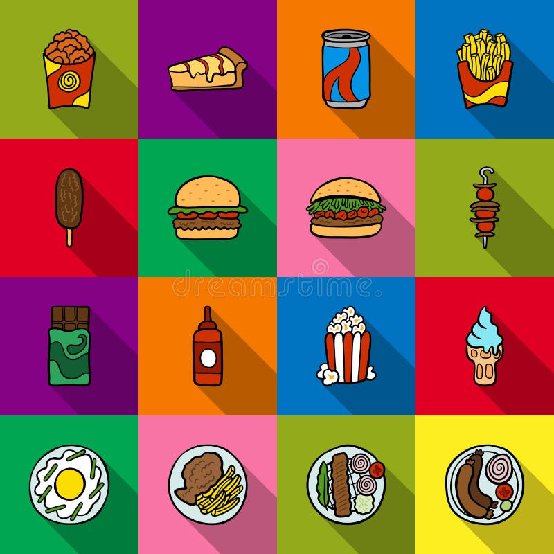 Set of Vector Fast Food Icons in Bright Square Flat Dice with Long ...