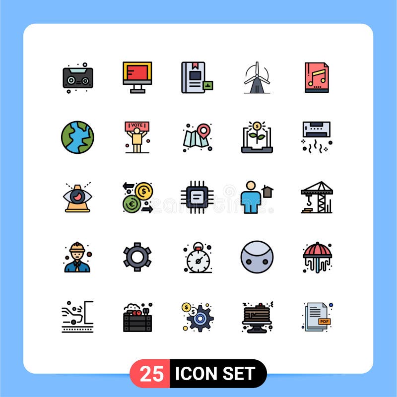 Set of 25 Vector Filled Line Flat Colors on Grid for Computer, Power, E ...