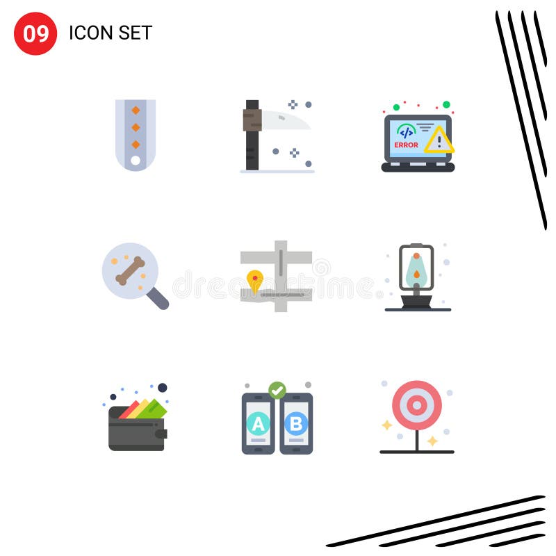 Set Of 9 Vector Flat Colors On Grid For Navigation Science Coding Bone Error Stock Vector