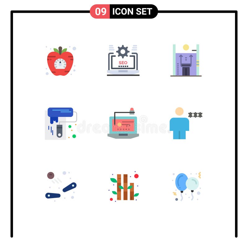Pictogram Set of 9 Simple Flat Colors of Roller, Wall Paint, Setting ...