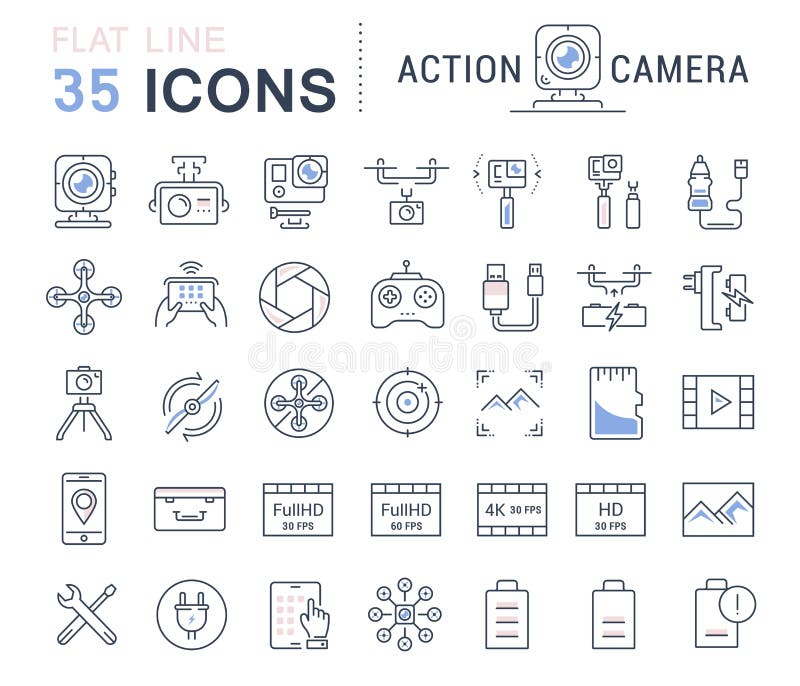 Set Vector Flat Line Icons Action Camera Stock Illustration ...