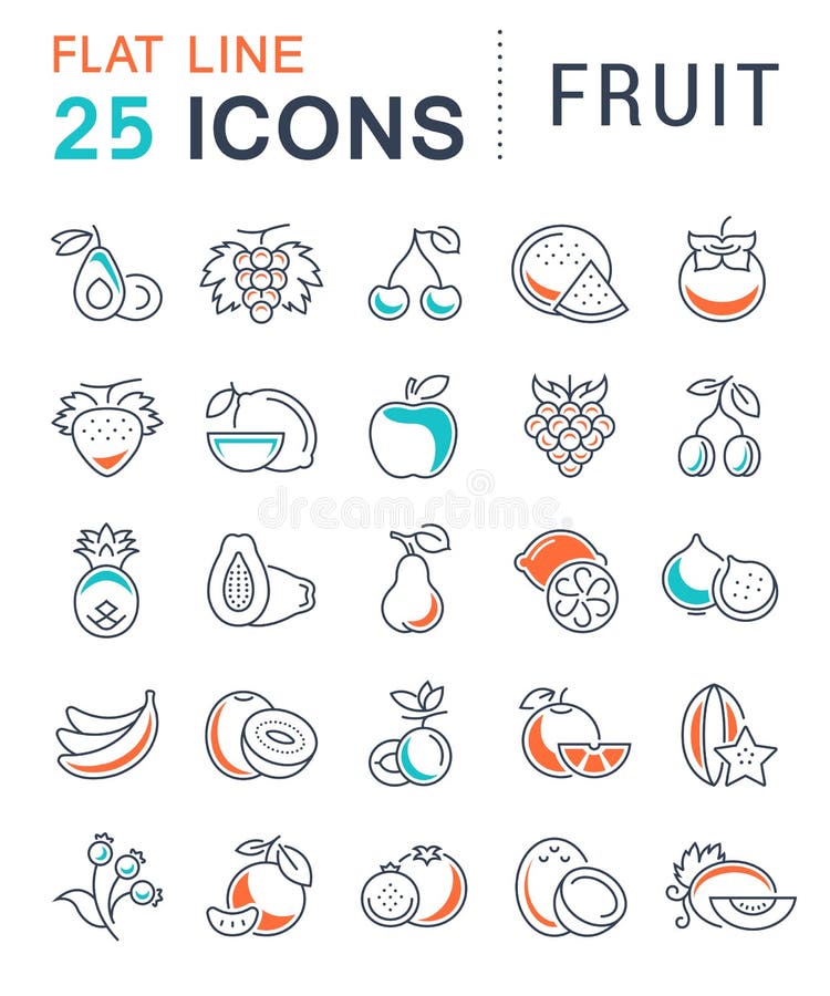 Set Vector Flat Line Icons Fruit Stock Illustration - Illustration of ...