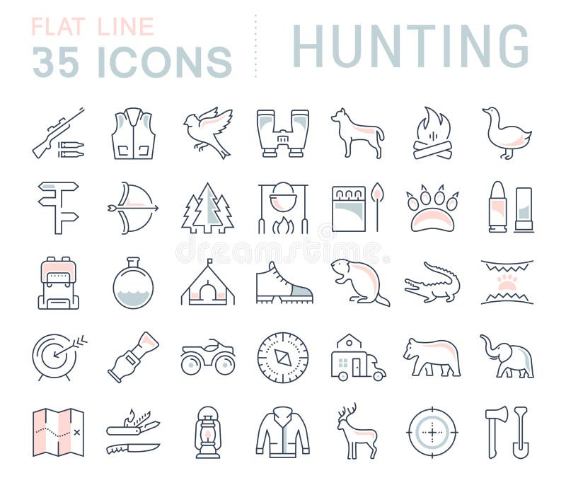 Set Vector Flat Line Icons Hunting Stock Illustration - Illustration of ...