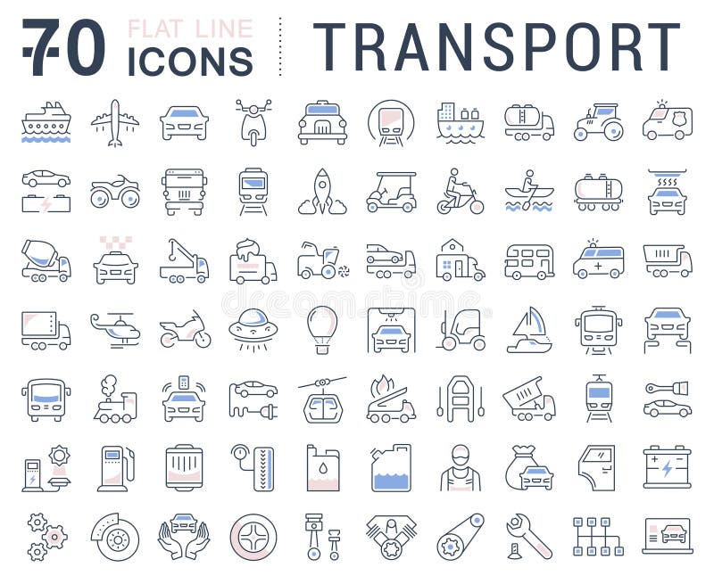 Set of 24 Transport Web Icons in Line Style. Train, Airplane, Car, Bus ... Set of 24 Transport Web Icons in Line Style. Train, Airplane, Car, Bus ...