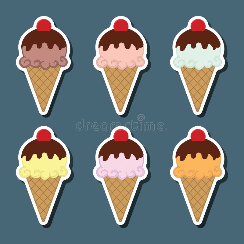 Set of 6 Vector Ice Cream Stickers with Chocolate Topping and Cherry ...