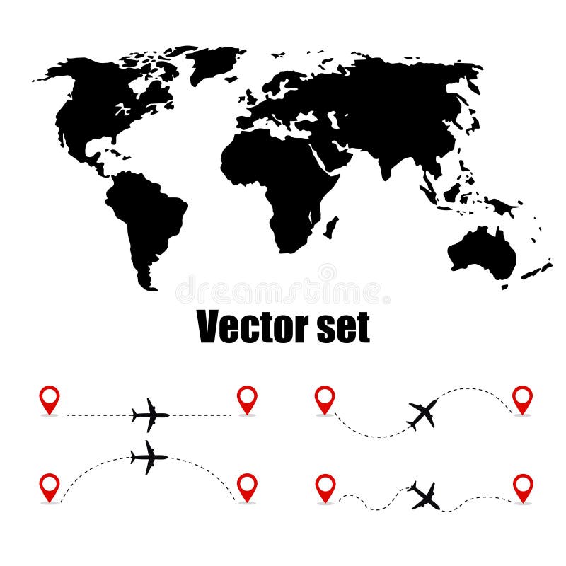 Set of Vector Icons of Airplanes Flight Route with Start and ...