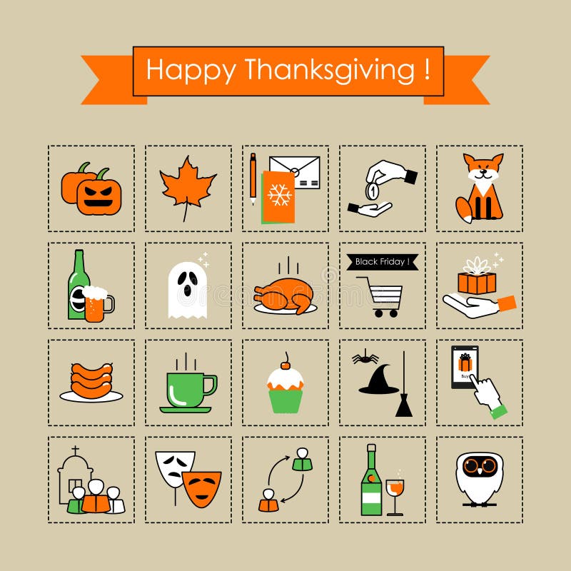Set of Vector Icons on the Day of Thanksgiving . Linear Flat, Co Stock ...