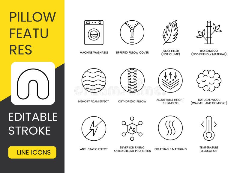 A Set of Vector Icons Representing Pillow Features and Materials ...