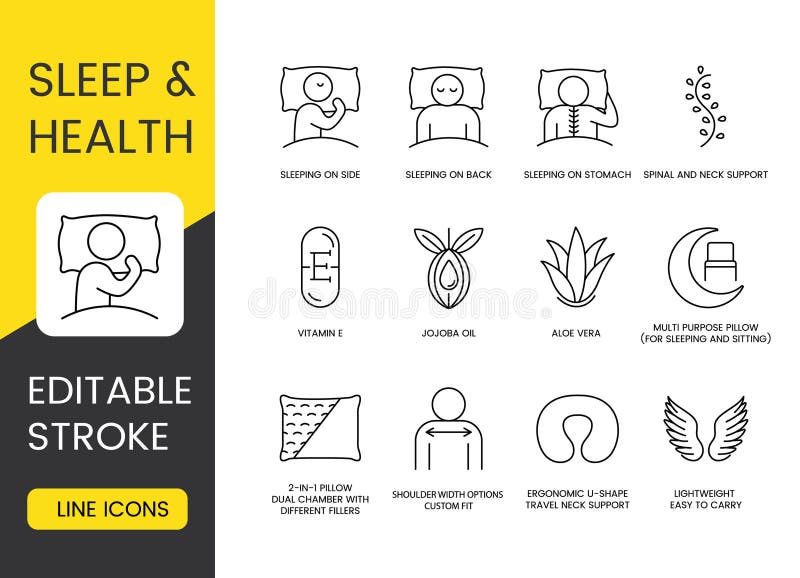 A Set of Vector Icons Representing Sleep Positions, Ergonomic Pillows ...