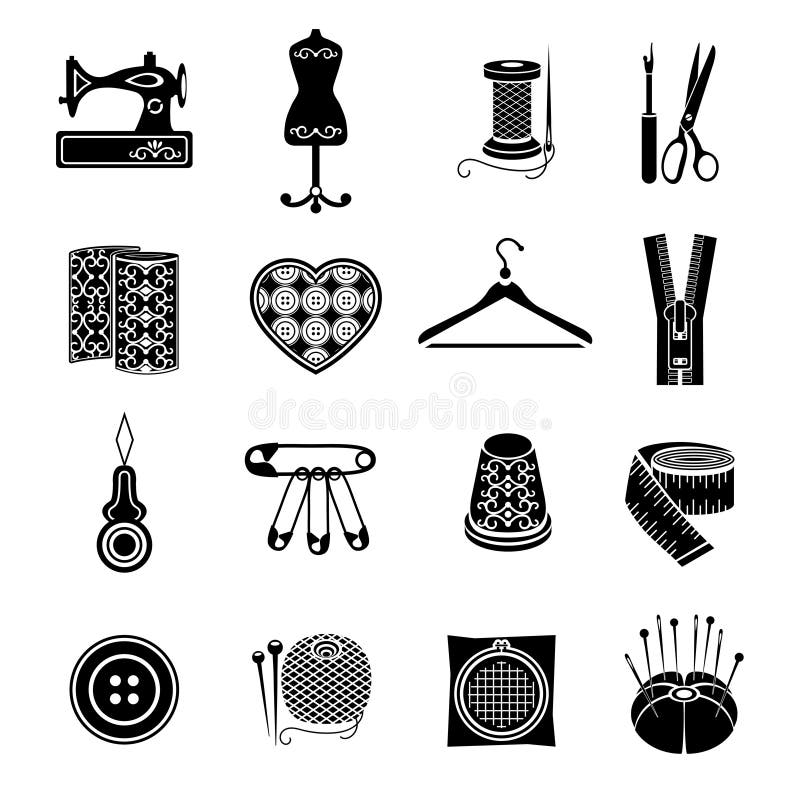 Set of Vector Icons Sewing Tools. Black Sewing Supplies on White ...