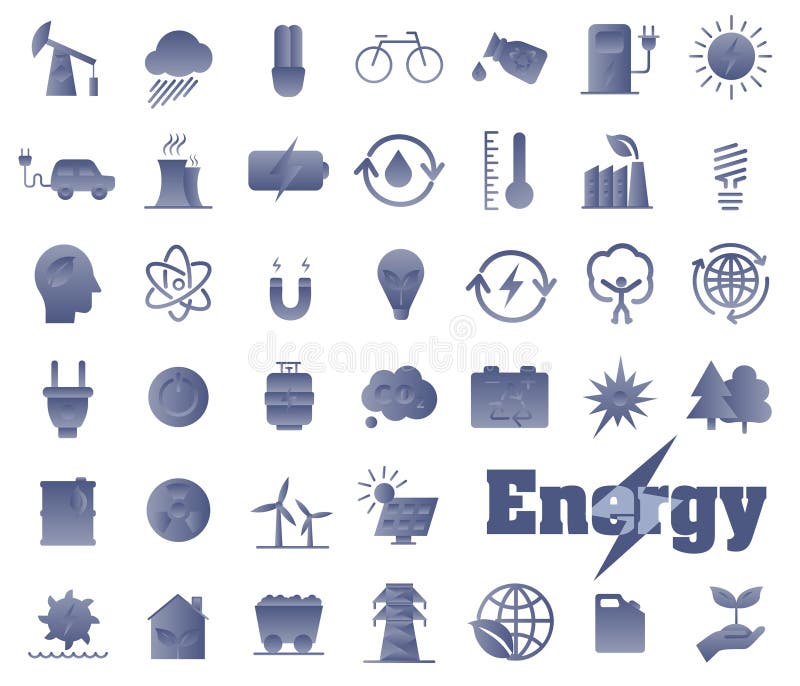 Set of Vector Icons of Various Energy Sources. Blue Light Gradient ...