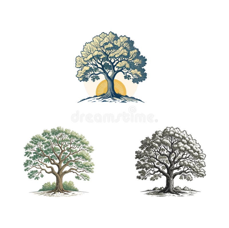 A Set of Vector Illustration of Oak Trees Stock Vector - Illustration ...