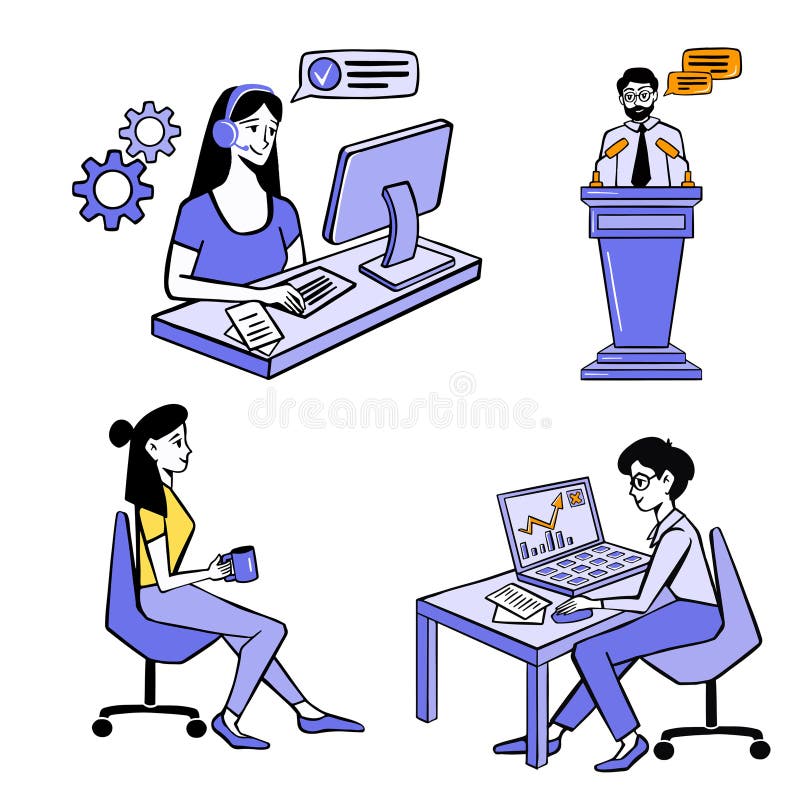 Set of Vector Illustrations of Business People Concept Purple Flat Stock Vector - Illustration ...