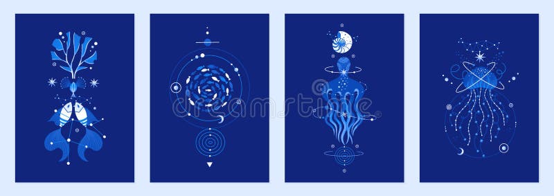 Set of Vector Illustrations of Cosmic Underwater Creatures. Marine Life ...