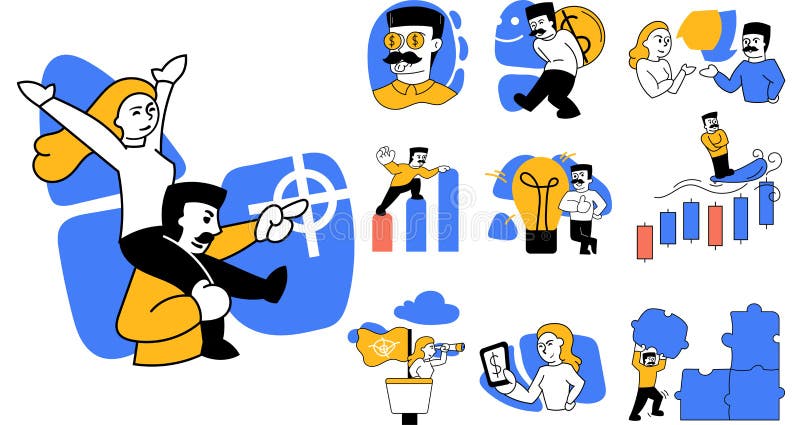 Set of Vector Illustrations. Employees Working on Business Analytics ...