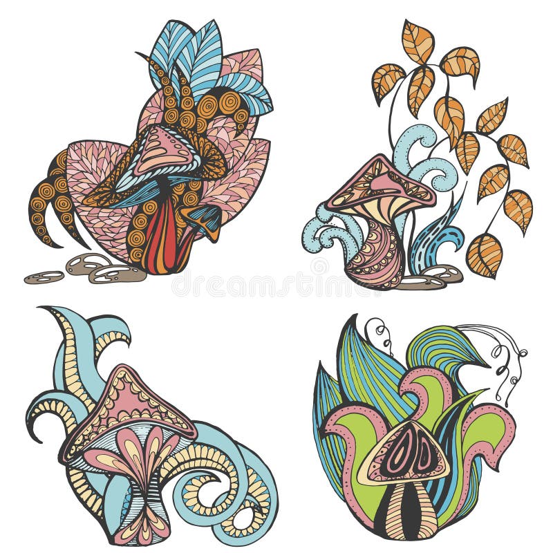 Set of Vector Illustrations of Fungi and Plants Stock Vector ...