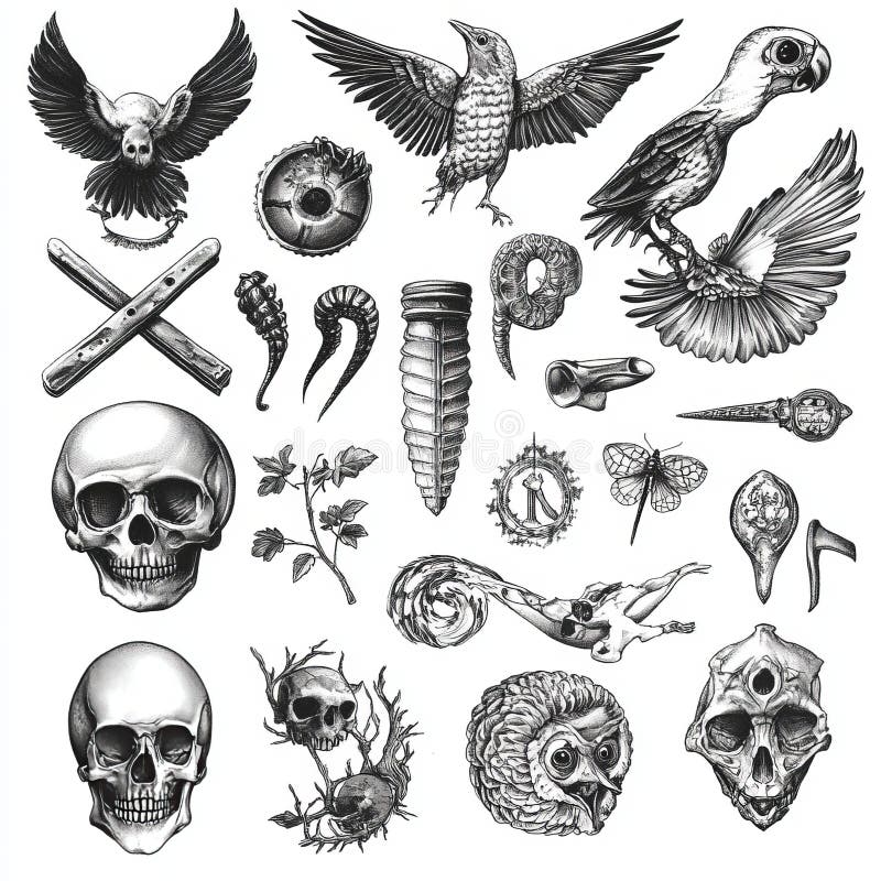 Set of Vector Illustrations of Human Skulls, Bones, Birds and Other ...