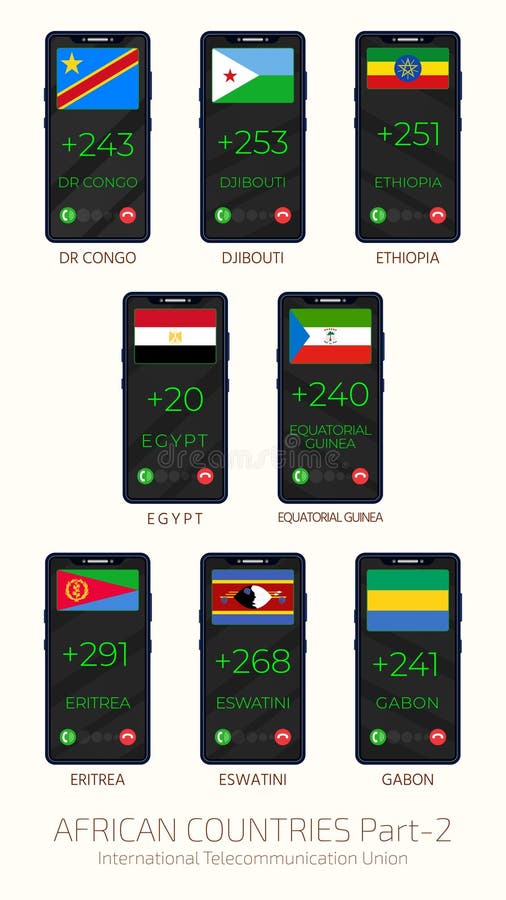 Set of Vector Illustrations of International Country Codes and Flags of African Countries. Part ...