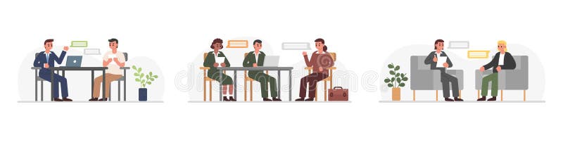 Set of Vector Illustrations about Interview. Male and Female Characters ...
