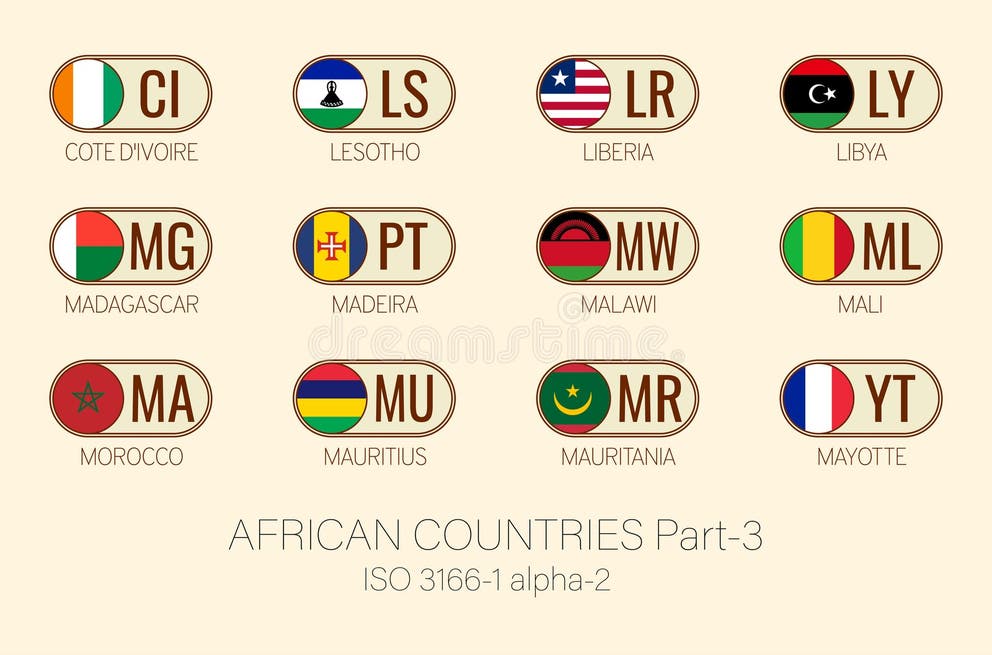 Set of Vector Illustrations of ISO 3166 1 Alpha 2 and Flags of African ...