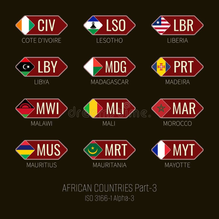 Set of Vector Illustrations of ISO 3166 1 Alpha 3 and Flags of African ...