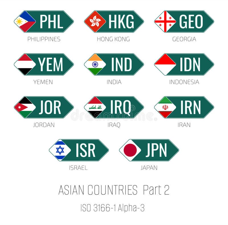 Set of Vector Illustrations of ISO 3166 1 Alpha 3 and Flags of Asian ...