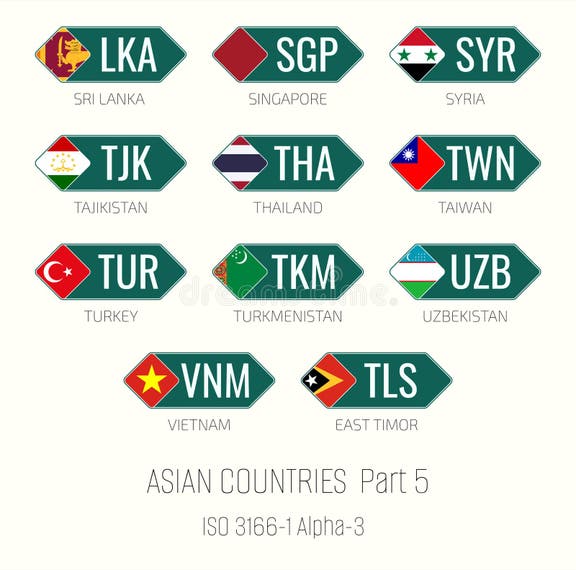 Set of Vector Illustrations of ISO 3166 1 Alpha 3 and Flags of Asian ...