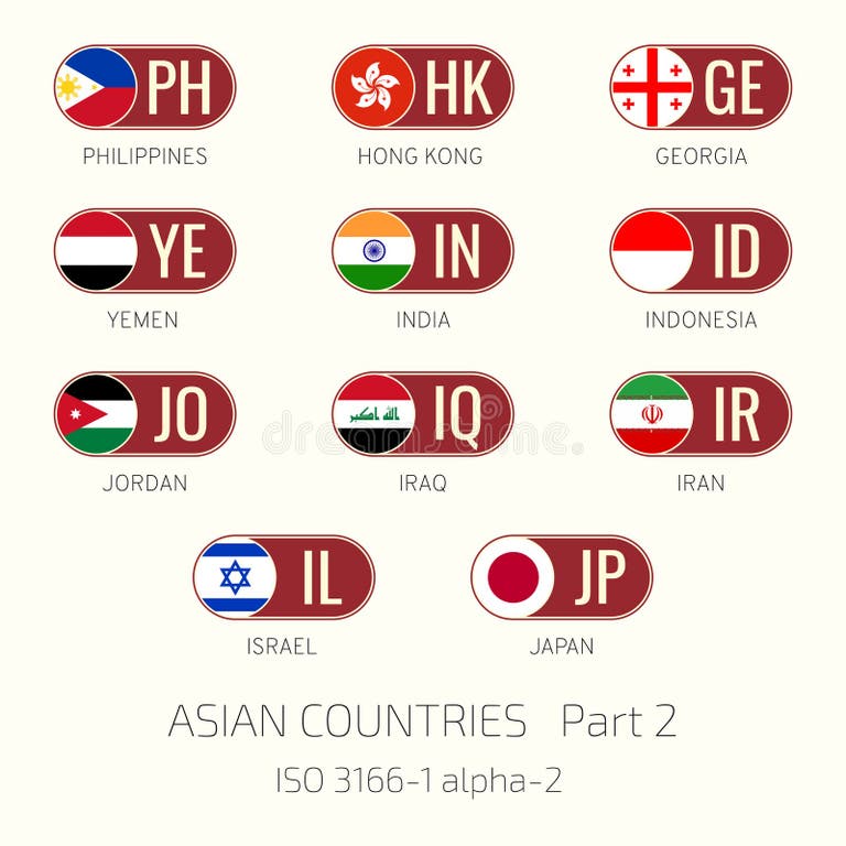 Set of Vector Illustrations of ISO 3166 1 Alpha 2 and Flags of Asian ...