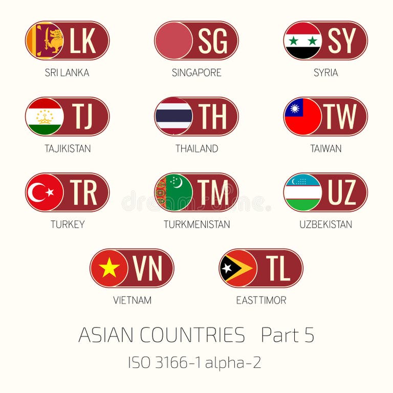 Set of Vector Illustrations of ISO 3166 1 Alpha 2 and Flags of Asian ...