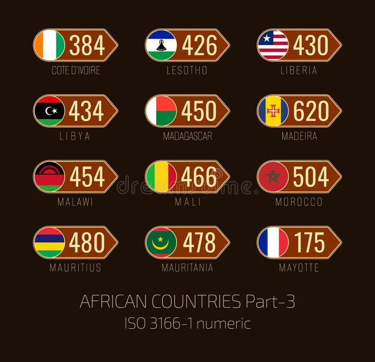 Set of Vector Illustrations of ISO 3166 1 Numeric and Flags of African ...