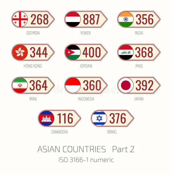 Set of Vector Illustrations of ISO 3166 1 Numeric and Flags of Asian ...