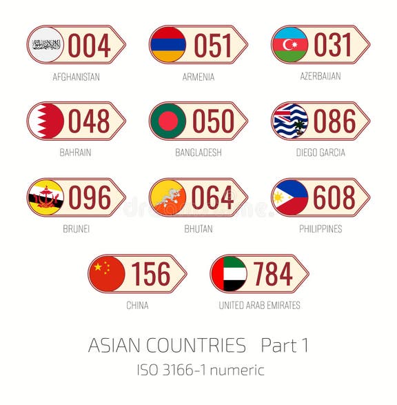 Set of Vector Illustrations of ISO 3166 1 Numeric and Flags of Asian ...