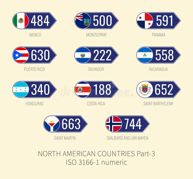 Set of Vector Illustrations of ISO 3166 1 Numeric and Flags of NORTH ...