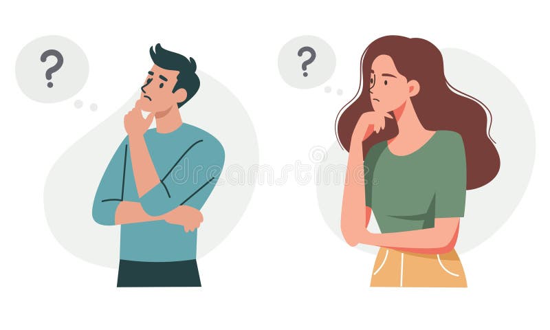 Set of Vector Illustrations. Man and Woman in a Pensive Pose Solving a ...