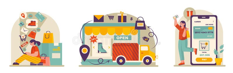 Set of Vector Illustrations about Online Shopping. Purchase with ...