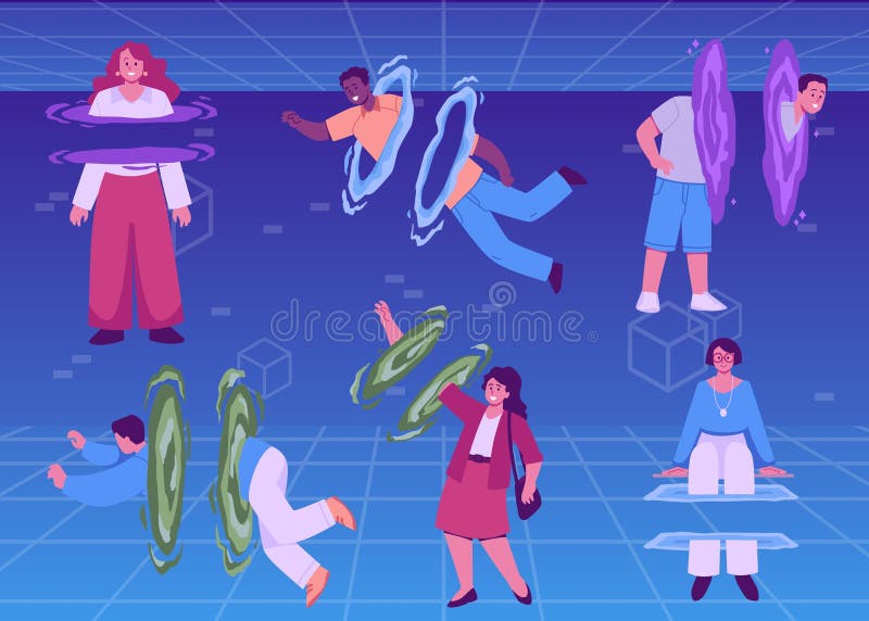 Set of Vector Illustrations with People Entering a Teleport. Stock ...
