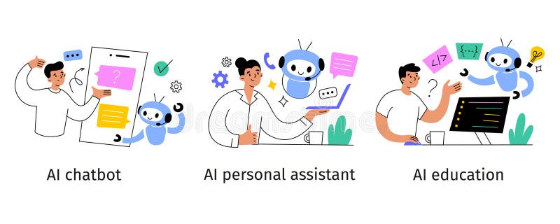 Set of Vector Illustrations with People Using AI Chatbot, Personal ...