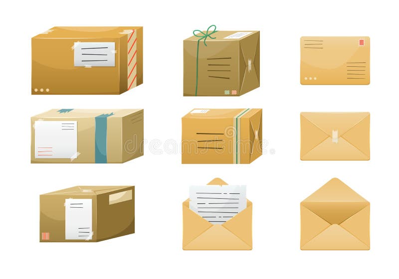 Set of Vector Illustrations of Postal Parcels in Boxes with a Delivery ...