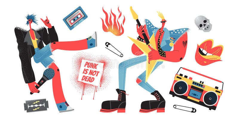 Set of Vector Illustrations in Punk Rock Style. a Man with a Guitar, a ...