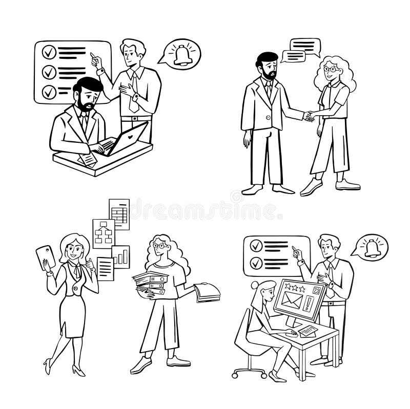 Set of Vector Illustrations Work in Office Line Flat Stock Vector ...