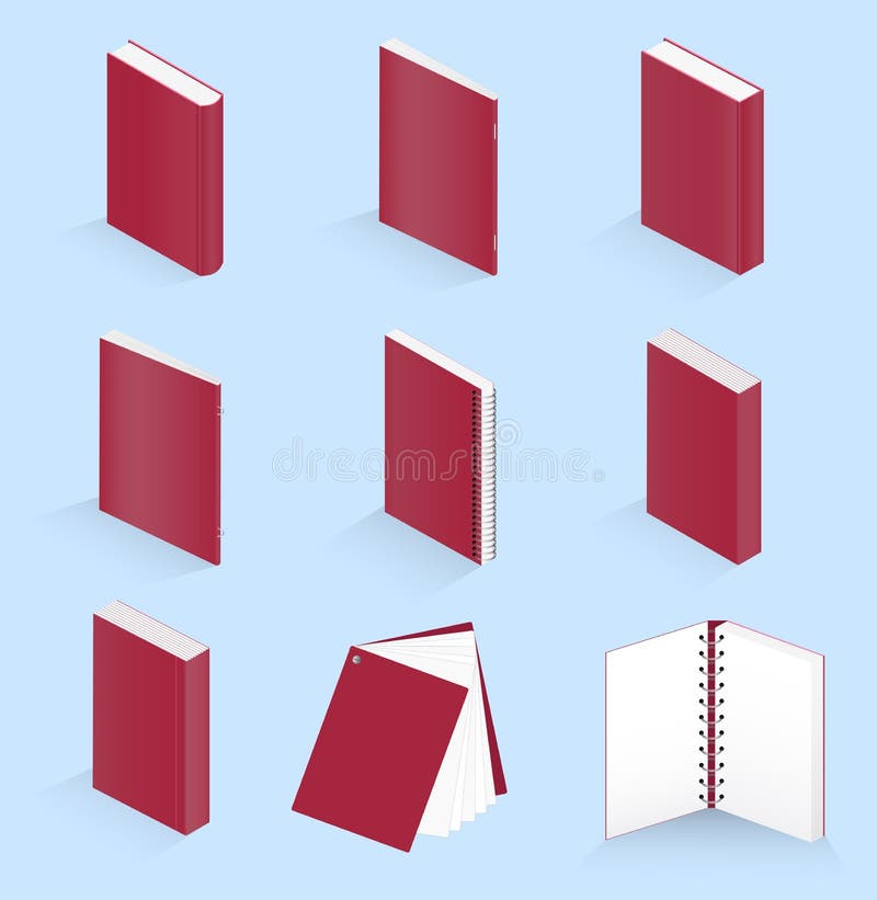 Set of Vector Isometric Illustrations of Book, Notebook, Notepad, Magazine, Booklet, Brochure ...