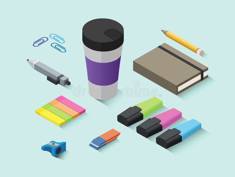 Set of Vector Isometric Office Items, Stationery Icons Stock Vector ...