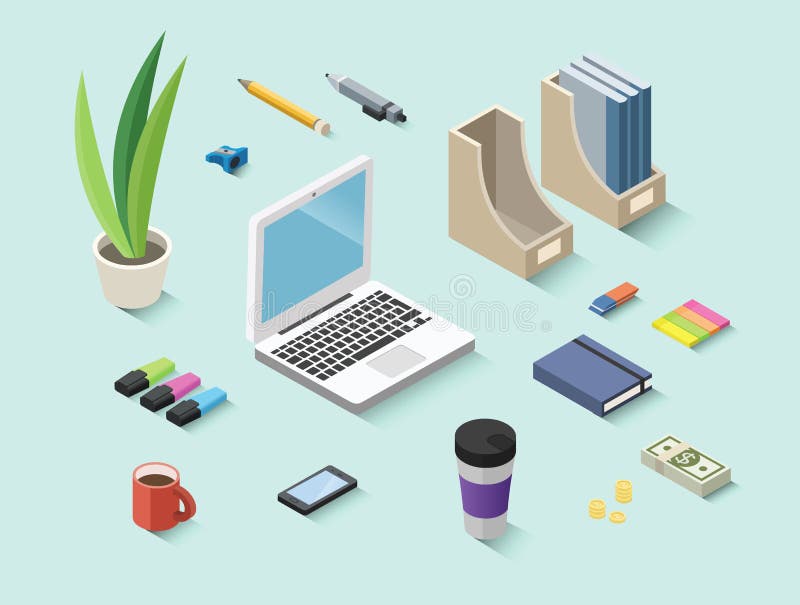 Set of Vector Isometric Office Items, Stationery Icons Stock Vector ...